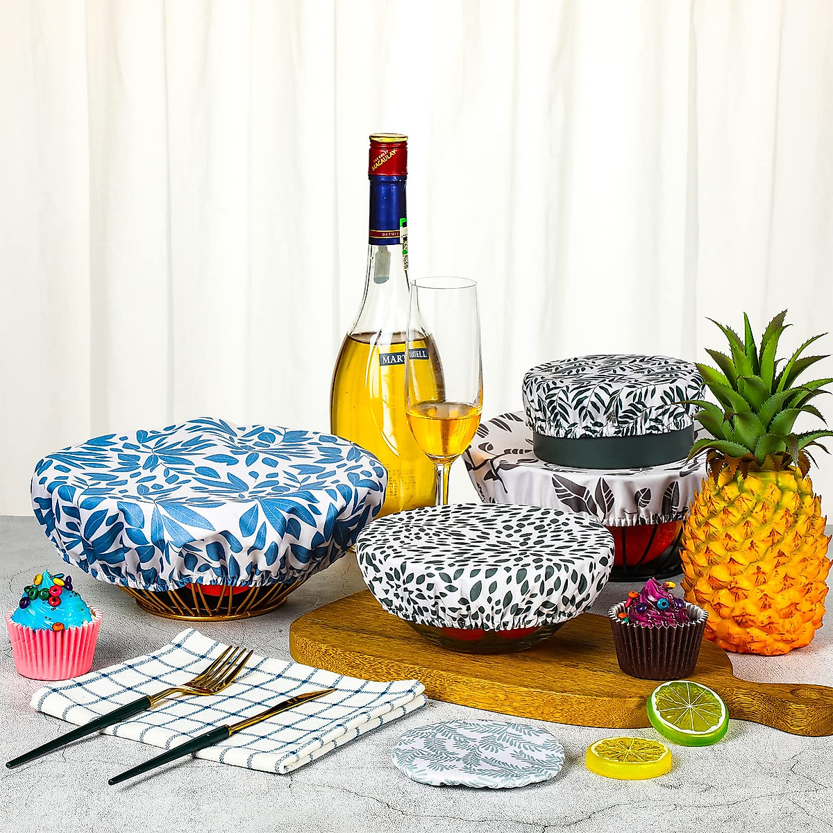 10 Pieces Reusable Bowl Covers Woven Elastic Food Storage Covers Fabric Reusable Food Covers Elastic Bowl Covers Reusable Cloth Bowl Covers for Kitchen Bowls Storage Container, 4 to 12 Inch (Leaves)