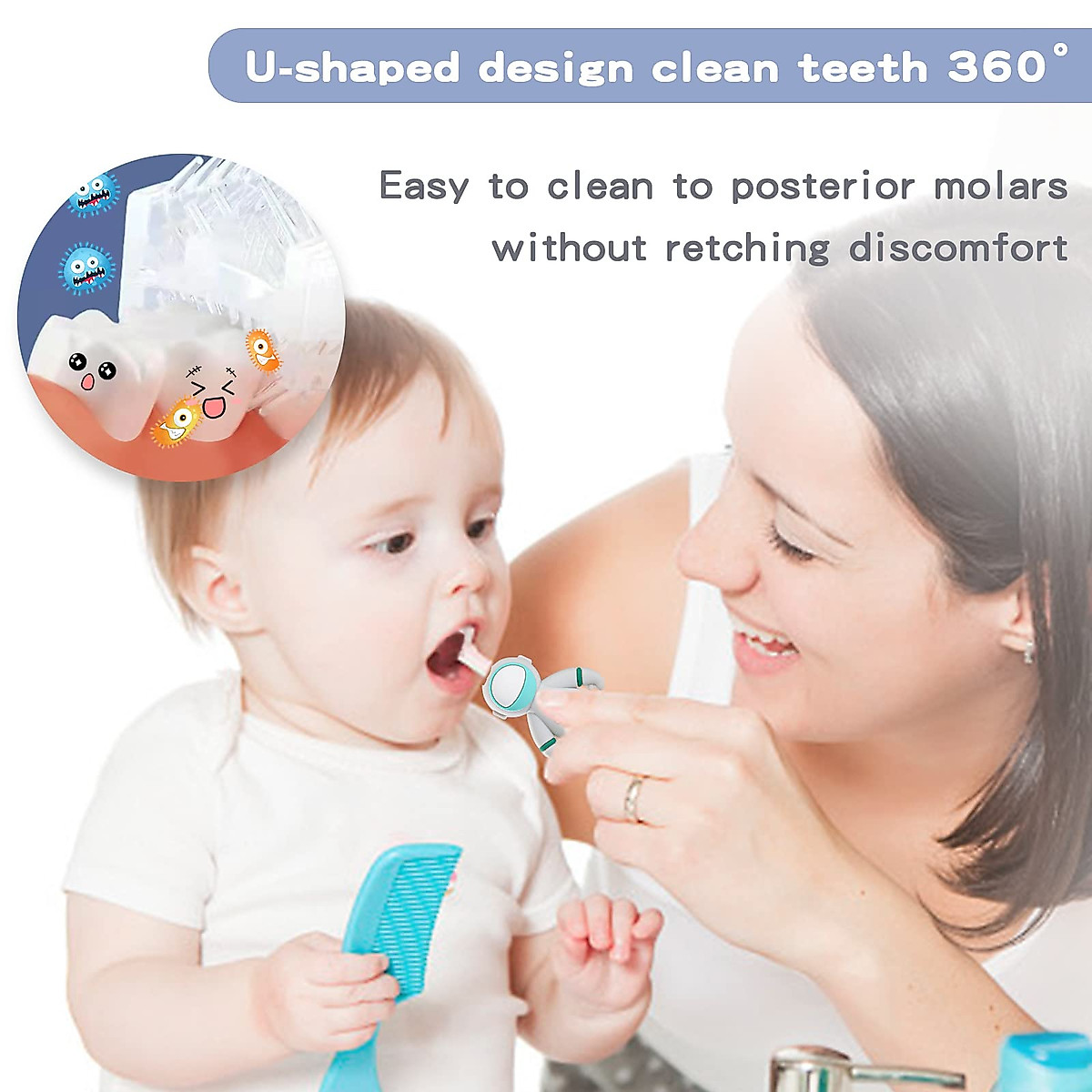 Promise Babe U Shaped Toothbrush Kids Food Grade Silicone Brush U-Shaped Kids Toothbrush, Premium Soft Manual Training Toothbrush for Kids 2-6 Years Old.Light Grey
