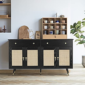 Buffet Cabinet with Storage, 55” Black Kitchen Cabinet with 4 Handmade Natural Rattan Doors, Black Sideboard Storage Cabinet with 2 Drawers for Dining Living Room