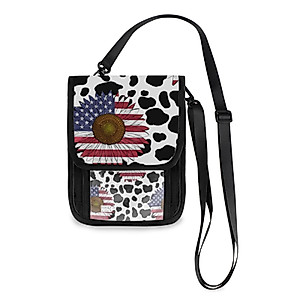 Vnurnrn Crossbody Bags Cell Phone Wallet Purses for Women, American Flag Sunflowers and Cow Print Travel Purses with Card Slots, 6 x 7.5 inch