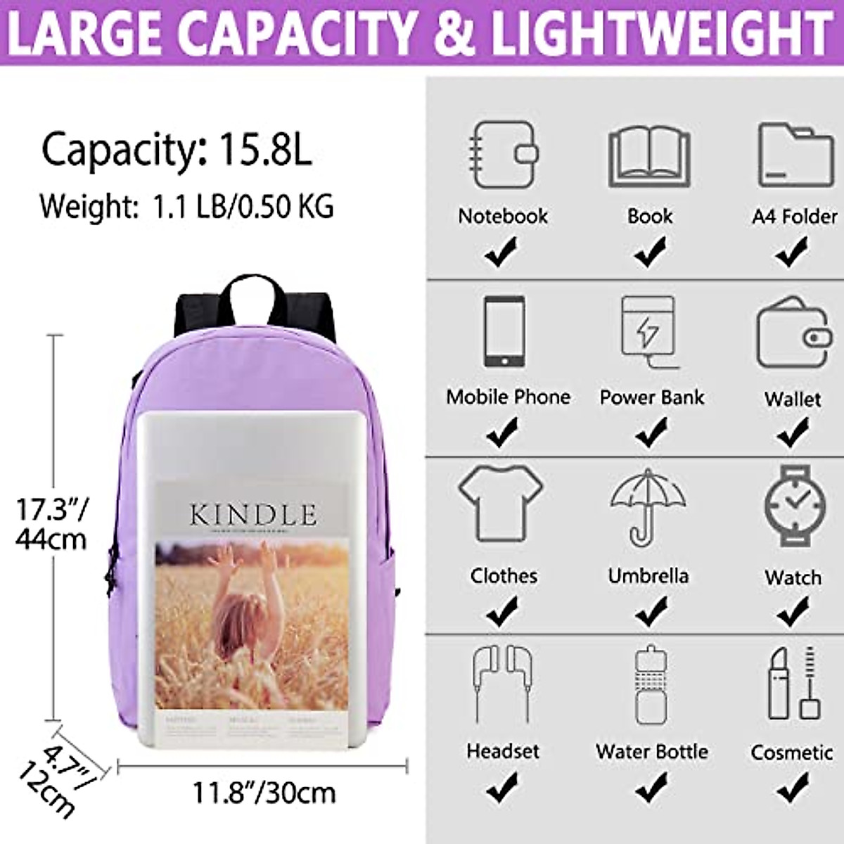 VX VONXURY Backpack for Women,Simple Lightweight Lavender Bookbag for School Travel Work (Light Purple)