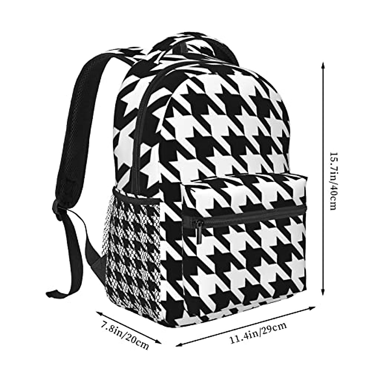 Student Backpacks 15.6 Inch Laptop Houndstooth Black Print Student School Book Bag Travel Hiking Camping Daypack