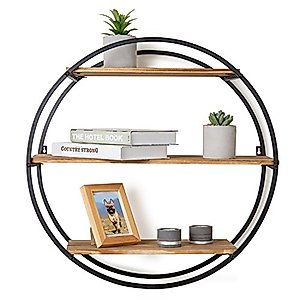 Modern Circular Metal Frame & Wood Wall Mounted Floating Shelf / 3-Tier Decorative Display Rack, 22-Inch in Diameter