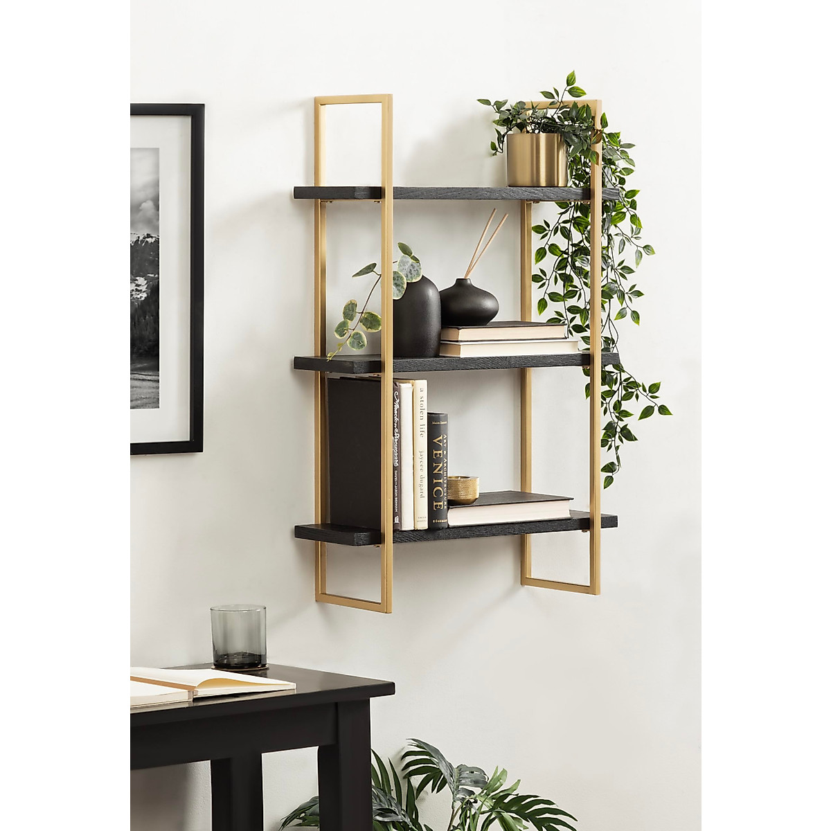 Kate and Laurel Leigh Modern 3 Tier Wall Shelf, 20 x 7 x 30, Black and Gold, Decorative Contemporary Glam Multi-Tiered Shelf Wall Organizer for Storage and Display