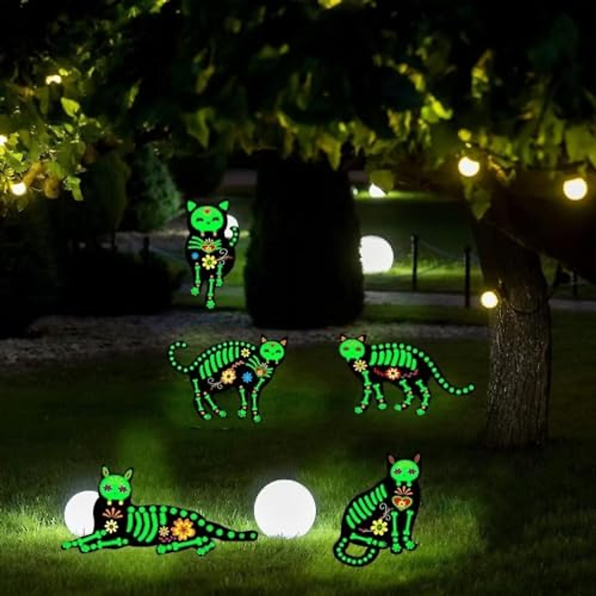 Halloween Decorations Outdoor Yard Signs, 5 Pcs Glow in the Dark Skeleton Cat, Halloween Yard Signs with Stakes for Lawn Garden Front Yard Decorations - Halloween Decor Outside