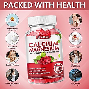 Calcium Magnesium Zinc with Vitamin D3 Gummies, Sugar Free Calcium Supplements for Women Men, High Absorption Zinc Gummies for Bone & Muscle & Immune Health, Vegan Raspberry Flavor - 120 Count