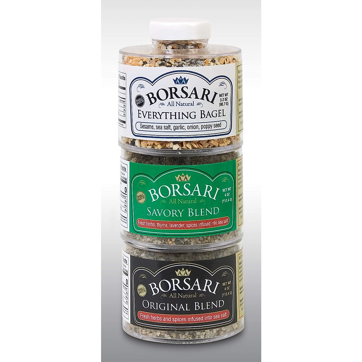 Borsari Seasoned Salt Gift Set - Gluten Free All Purpose Savory, Everything Bagel, and Original Seasonings - Gourmet Sea Salt Blends With Herbs and Spices - Set of 3, 3.2-4 oz Shaker Bottles