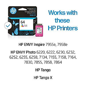 HP 64 Tri-color Ink Cartridge | Works with HP ENVY Inspire 7950e; ENVY Photo 6200, 7100, 7800; Tango Series | Eligible for Instant Ink | N9J89AN