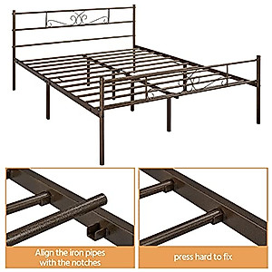 Yaheetech Classic Metal Platform Bed Frame with Headboard and Footboard Flower Design Mattress Foundation Easy Set Up Structure Full Size Bronze