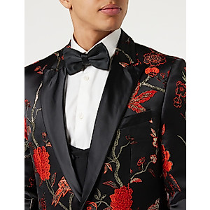 Mens Floral Bird Embroidery Black Gold Tux Jacket Stunning Party Wedding Blazer Waistcoat[TUX-8600-1,46,Black-Red]