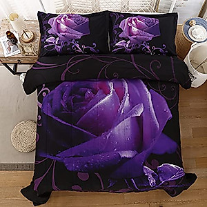 Purple Comforter Set Full Reversible Purple Rose Pattern Printed Bedding Down Comforter with 2 Pillow Cases for All Seasons, Soft Microfiber Bedding Comforter Duvet Set for Full Bed 80"x90"