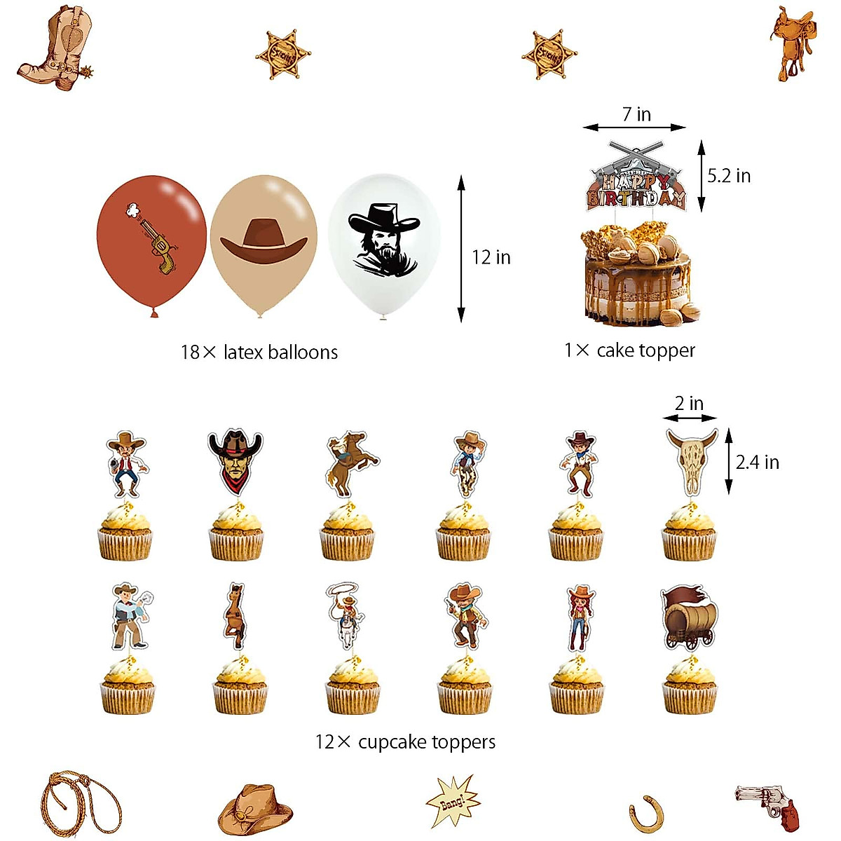 Cowboy Birthday Decorations, Wesrtern Horse Party Supplies with Cowboy Garland Happy Birthday Banner Cake Toppers Latex Balloons for Kids Boys Western Themed Birthday Party Decorations
