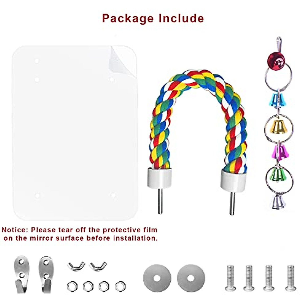 LOPERDEVE 7" Bird Mirror with Rope Perch Bird Toys Swing, Comfy Perch for Greys Amazons Parakeet Cockatiel Conure Lovebirds Finch Canaries