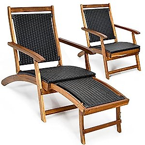 Tangkula Set of 2 Acacia Wood Folding Chaise Lounge Chair, Patiojoy Outdoor Foldable Deck Chair, Portable Wicker Lounger with Retractable Footrest, Ideal for Garden, Poolside, Courtyard