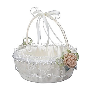 NEOITY Wedding Flower Girl Basket, White Flower Basket with Handle, Elegant Satin Flower Basket Decorated with Lace, Peals and Bows for Wedding Ceremony Party Decoration(#1)