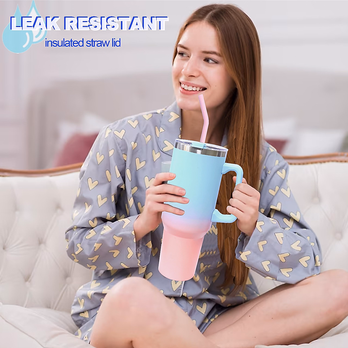40 oz Tumbler with Handle and Straw-Stainless Steel Insulated Tumbler with Straw, Water Bottle with Straw and Handle, Insulated Cup with Handle Keeps Cold for 34Hrs or Hot for 10Hrs（Pinkblue)