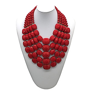 JHWZAIY 5 Layered Colorful Beaded Statement Chunky Necklaces For Women Fashion African Tribal Costume Jewelry Earring Set Multi Strand Bead Collar Choker Bib Handmade (5 layers red)