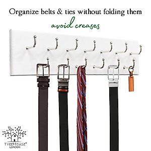 Treehouse Belt Organizer Rack, Holds Over 28 Large Belts, Sturdy Metal & Solid Wood Storage Holder for Closet, Versatile, Wall Mounted Belt & Tie Display Hanger for Bedroom - (White) 16''L x4.25''H
