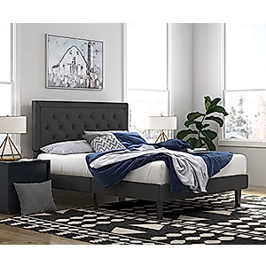 SHA CERLIN Queen Platform Bed Frame with Upholstered Headboard and Wood Slats, Fabric Rhombic Button Tufted Adjustable Headboard, No Box Spring Needed