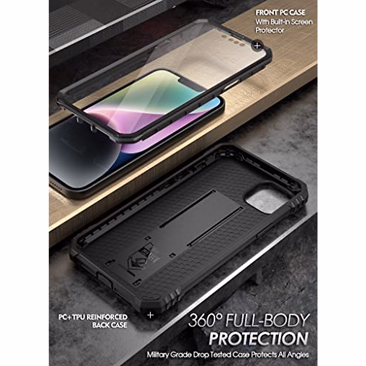 Poetic Revolution Case for iPhone 14 6.1 inch, [20FT Mil-Grade Drop Tested], Full-Body Rugged Shockproof Protective Cover with Kickstand and Built-in-Screen Protector, Black