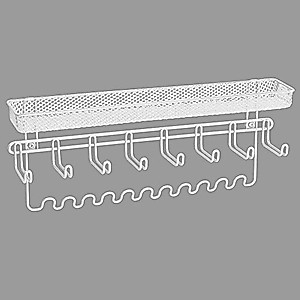mDesign Steel Wall Mount Closet Jewelry Storage Organizer Rack Holder with 8 Hooks and Basket for Bedroom - Holds Necklaces, Bracelets, Watches, Sunglasses, Purses - Concerto Collection, White