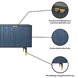 DG Casa Hemsby Mid Century Modern 4 Art Deco Doors Storage Compartment Gold Metal Handle Pull & Feet Buffet Cabinet Table Furniture for Living Room Kitchen Dining Entryway Hallway - Sideboard in Blue