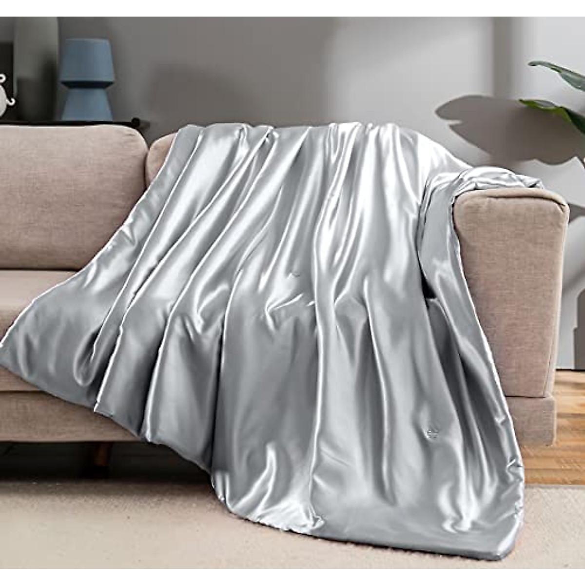 Vonty Satin Throw Blanket Silver Grey Satin Blankets 60x80 Inches, Cooling & Silky Throw Blanket Wrinkle-Free Cable Knit Throw Blanket for Coush Sofa Bed Outdoor