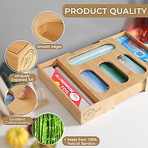 IK Innovations Bamboo Ziplock Bag Organizer for Drawer 7-In-1 Expandable Foil and Plastic Wrap Organizer 12” With Baggie Holder | Ziplock Bag Storage Organizer for Gallon Quart Sandwich Snack Bags