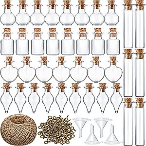 Geiserailie 50 Pieces Small Mini Glass Jars Bottle with Cork Stopper Tiny Wishing Bottles with Eye Screws Funnel and Rope Small Cork Clear Glass Bottle for DIY Crafts Bead Container (Mixed Style)
