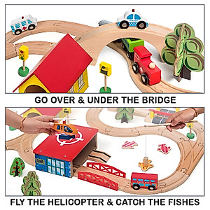 KipiPol Wooden Train Set - 69 Pieces Wooden Train Tracks & Trains for Kids, Toddler Boys and Girls 3,4,5 Years Old and Up– Premium Wood Construction Toys -Fits Thomas, Brio, IKEA, Melissa and Doug