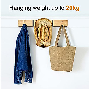 GOGOCOOL Bamboo Wall Mounted Coat Hooks Hanger, 20kg Maximum Bearing, Black Foldable Hook Type, Natural Wall Coat Hanger, 70mm Space Between Hook and Hook(5 Hooks)