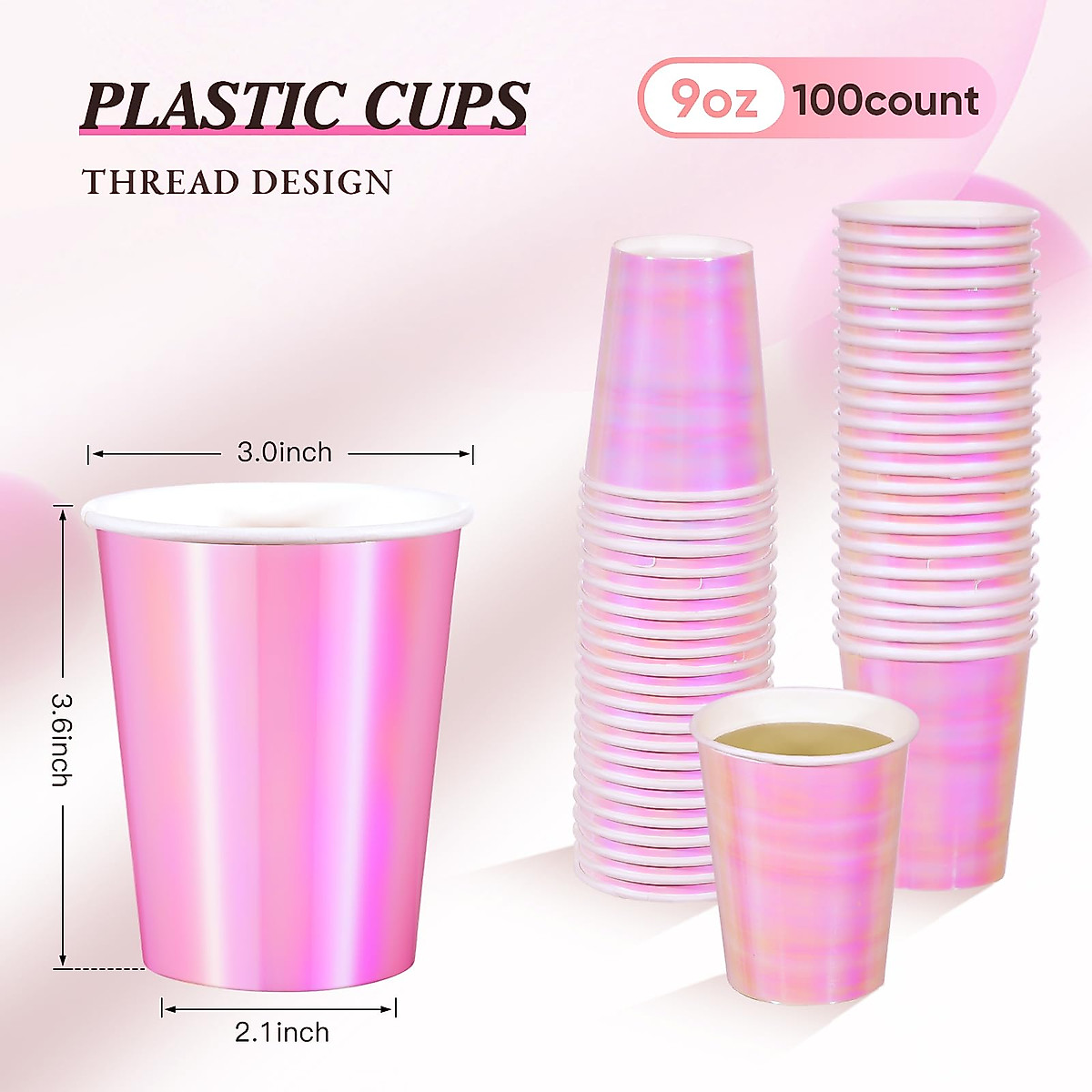Uiifan 100 Pieces Iridescent Paper Cups 9 oz Disposable Pink Paper Cups Drink Cup Rainbow Design Cups for Beverage Picnics Christmas Day Birthday Party Wedding Halloween Thanksgiving(Pink)