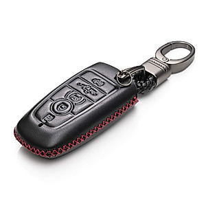 Vitodeco Leather Smart Key Fob Case Compatible with Ford Escape 2023, Bronco 2023, Explorer 2023, Edge 2023, Expedition 2023, F-150, Mustang 2023, F150 2023 and More Models (5-Button, Black/Red)