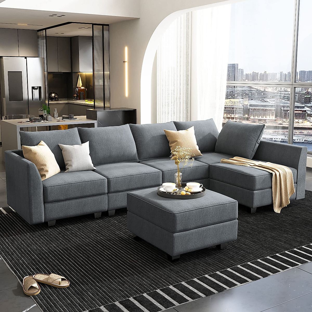 HONBAY Convertible L Shape Sectional Sofa Modular Sectional Couch with Reversible Chaise L Shaped Sofa 4 Seat Couch with Storage Ottoman, Bluish Grey