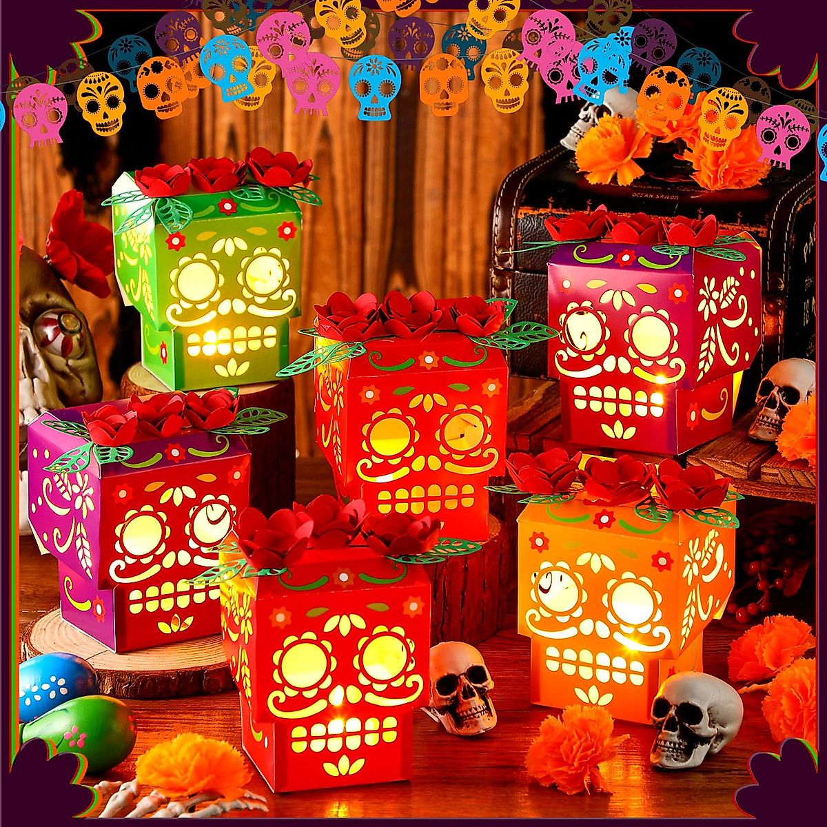 Glooglitter 32 Sets Dia De Los Muertos Luminary Bags Lanterns with Flameless Tea Candle Halloween Day of The Dead Paper Treat Bags Flame Resistant Candle Box for Dia De Los Muertos Party Decorations