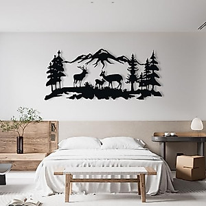 fayholy Metal Wall Art - Metal Deer Family art, Metal Wall Decor, Wildlife Lover Gift, Tree Mountain Decoration, Wall Hangings, Nature Wall Art (Silver, 24"x10" | 60x26 cm)