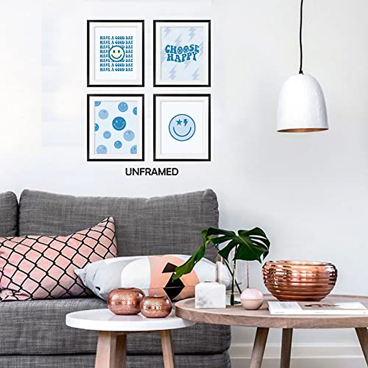 OGILRE Preppy Blue Smiley Face Inspirational Quotes Choose Happy Wall Art Decorations Prints, Lightning Boho Poster, 8x10 Inch 4 Set UNFRAMED