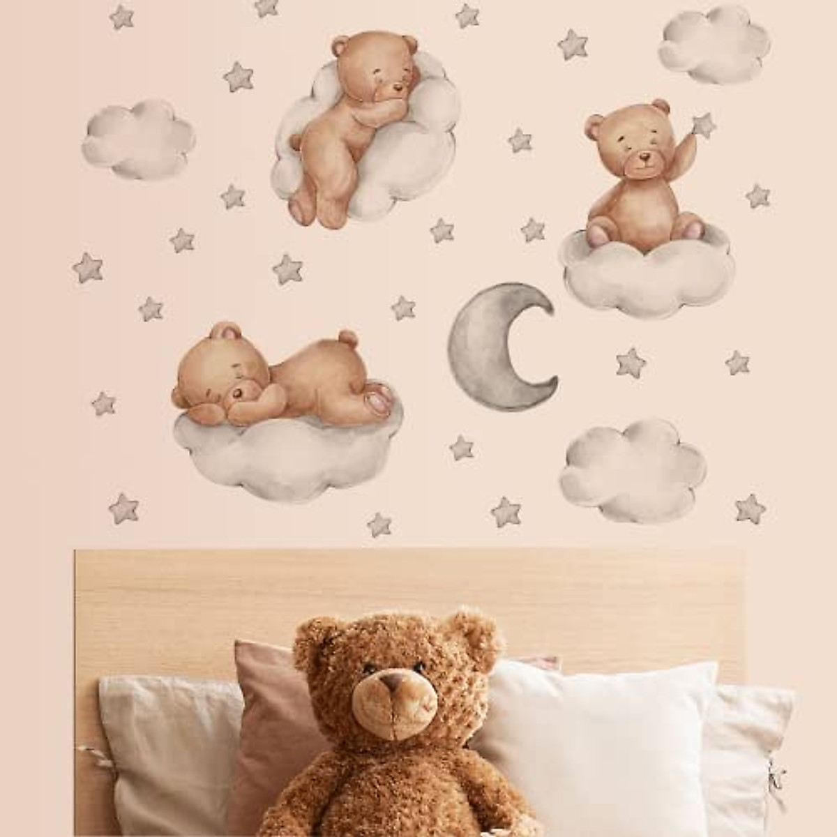 Tedy Bear Wall Decor, Tedy Bear Sleeping on The Moon and Stars Wall Stickers Cartoon Cute Tedy Bear Decals Extra Stars Wall Decor for Kids Baby Room Interior Nursery Tedy Bear Decoration