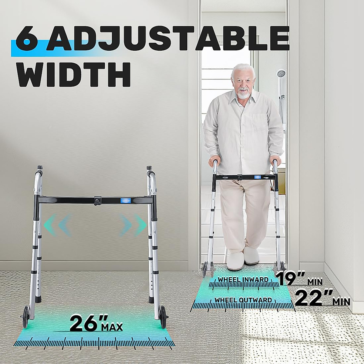 GreenChief Walkers for Seniors, Foldable Standard Walker with Adjustable Width, Folding Walker with Arm Support, 2 Wheels Walker for Elderly Handicapped Disabled (300LB)
