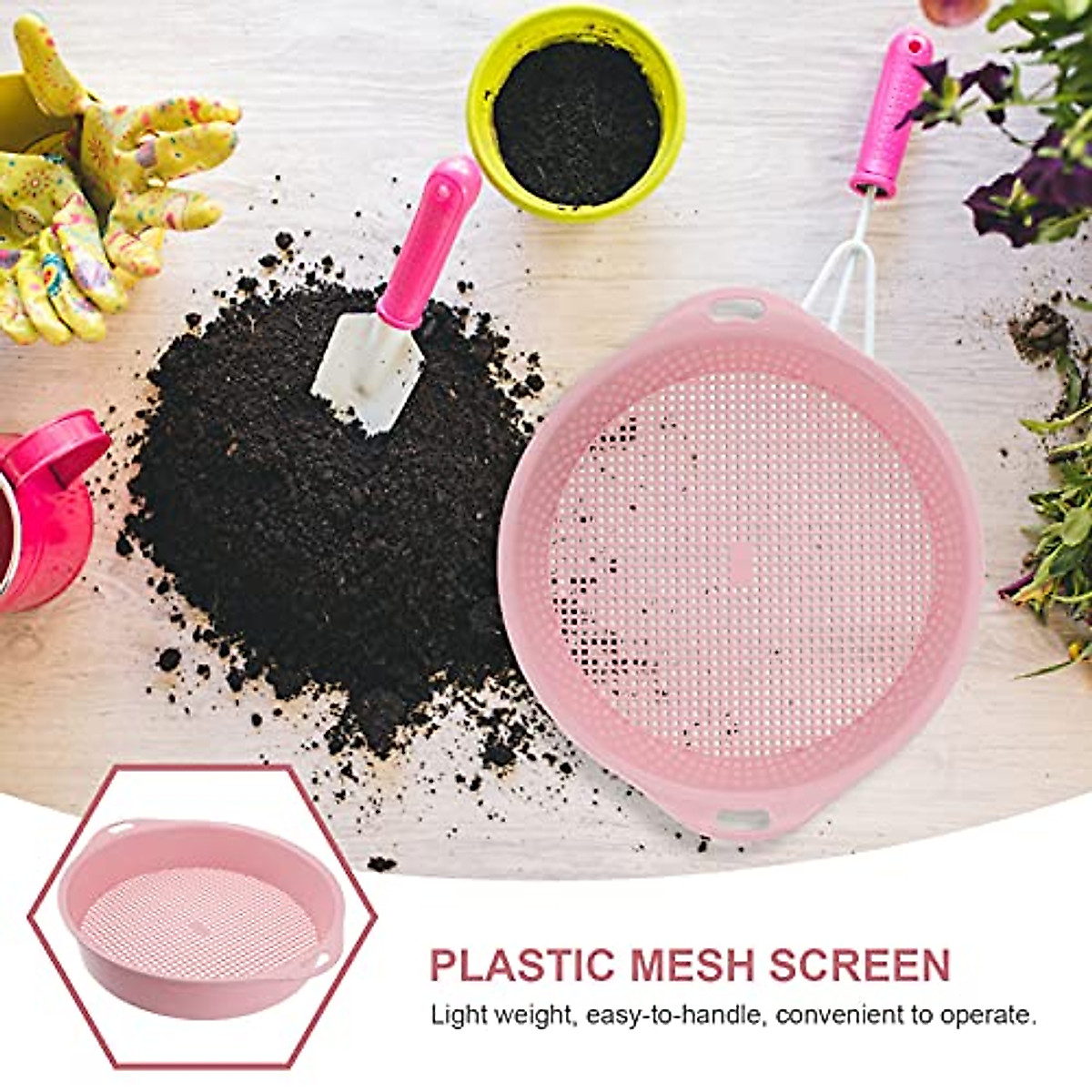 Yardwe Garden Sieve，1PC Plastic Mesh Soil Sieve Mesh Screen with Handle, Sifting Pan for Home Plant Gardening Round Shaped (Pink)