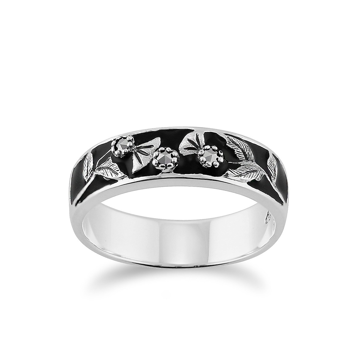 Gemondo Sterling Silver 4.8pt Marcasite & Black Enamel Floral Band Ring