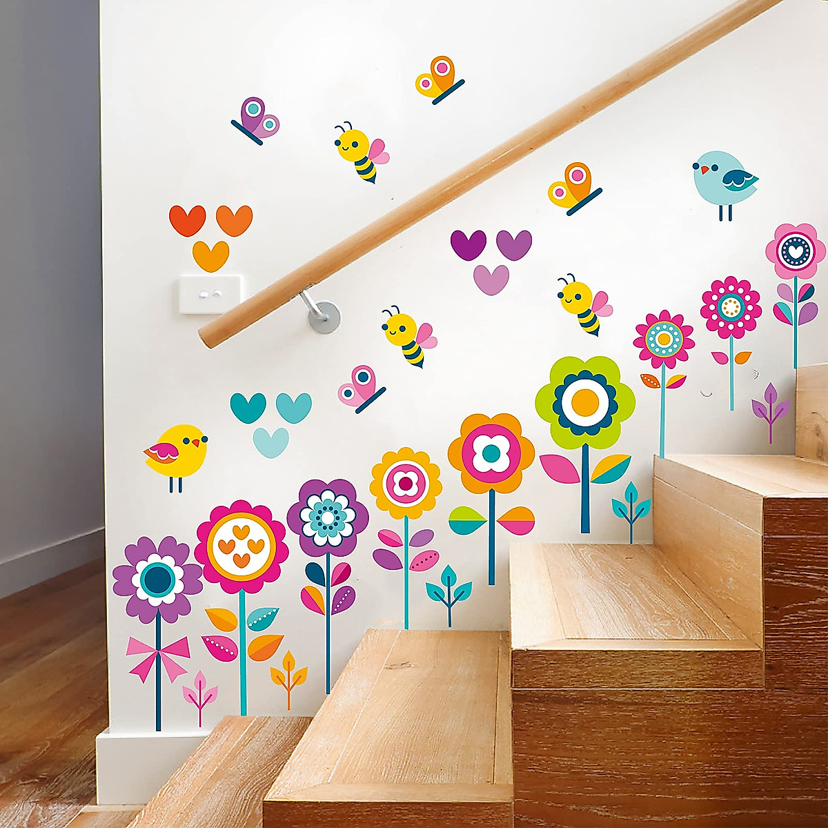 Flowers Wall Stickers for Kids Bedroom -Butterfly Bee Floral Wall Decals for Girls Room,Classroom,Nursery, Playroom- Removable DIY Peel and Stick Wall Art Decor
