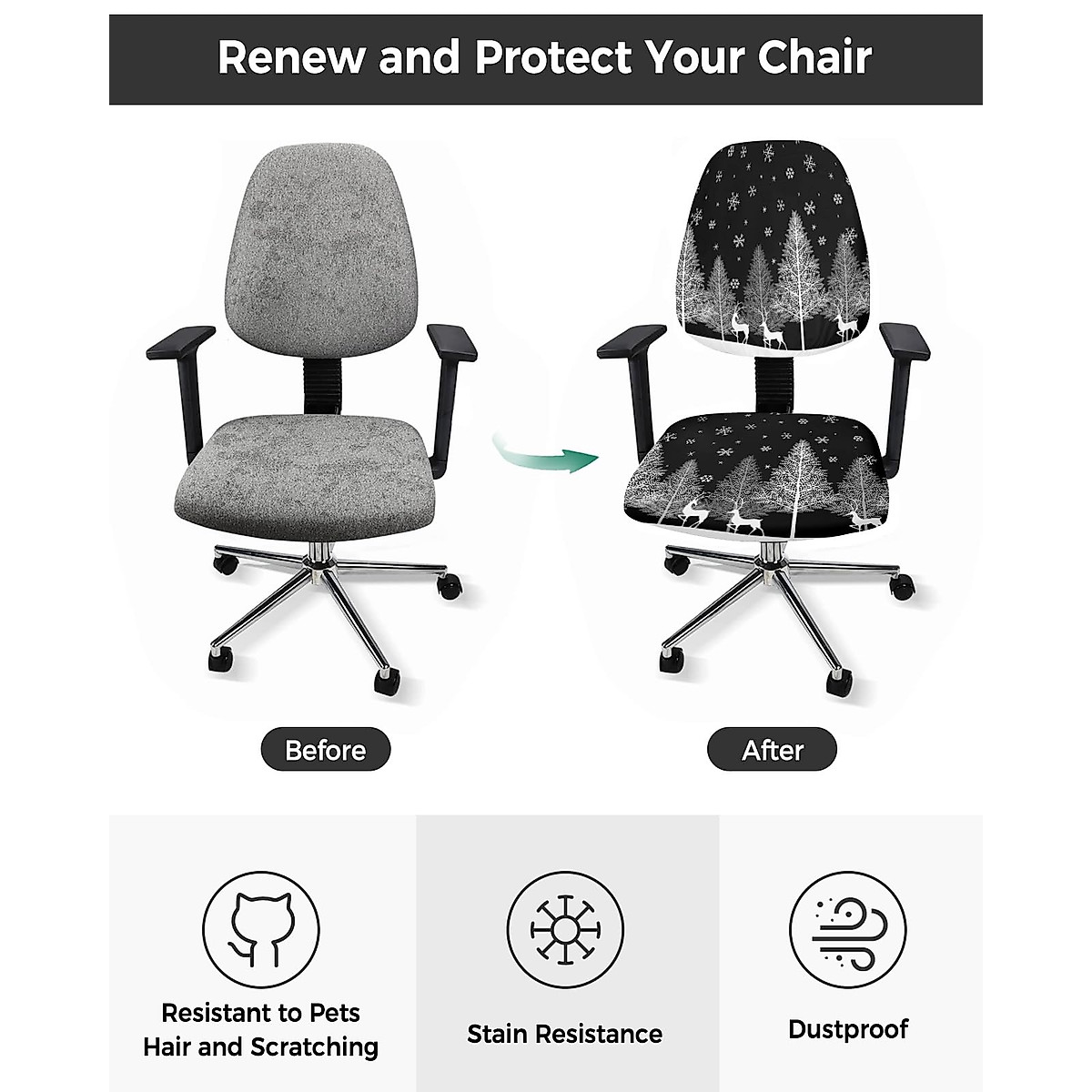 Snowflake Elk Office Chair Cover Stretchable Computer Chair Seat Cover Backrest Slipcovers, Stretchable Rotating Desk Chair Seat Cushion Split Protectors Geometric Christmas Tree Branch Black
