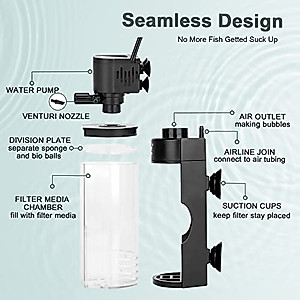 hygger 100 GPH Quiet in Tank Filter with Sponge Bio Balls Airtubing Electric Internal Fish Tank Filter for 10-40 Gallon Aquariums Turtle Tank Venturi Aeration 7W