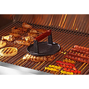 Mr. Bar-B-Q 06681Y Cast Iron Grill Press | Pre-Seasoned Base & Hardwood Handle Burger Press | Cooks Food Evenly | Ridges on Bottom | Keeps Food in Contact with Grill Surface | 7 Inch Cast Iron Press