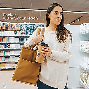 Reusable Insulated Grocery Bag - Leak Proof, Large Insulated Cooler Bag - Insulated Shopping Bags for Groceries - Travel Cooler Bag for Frozen and Hot Food with Zippered Top - Beach, Picnic (Caramel)