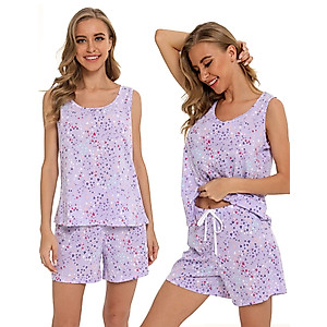 ENJOYNIGHT Womens Pajamas Set Cute Sleeveless Print Tank and Shorts Pj Set Summer Sleepwear (Large,PU) Purple
