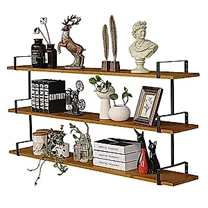 3 Tier Industrial Wall Shelf, Rustic Pipe Shelving Unit, Vintage Decorative Accent for Bedroom Living Room Bathroom Kitchen Office (Brown)