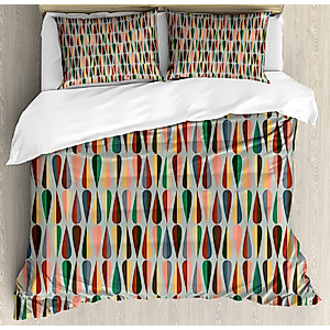 Ambesonne Mid Century Duvet Cover Set, Simple 2 Colored Drop Shapes Abstract Symmetrical Grid Greyscale Background, Decorative 3 Piece Bedding Set with 2 Pillow Shams, Queen Size, Pale Blue Grey
