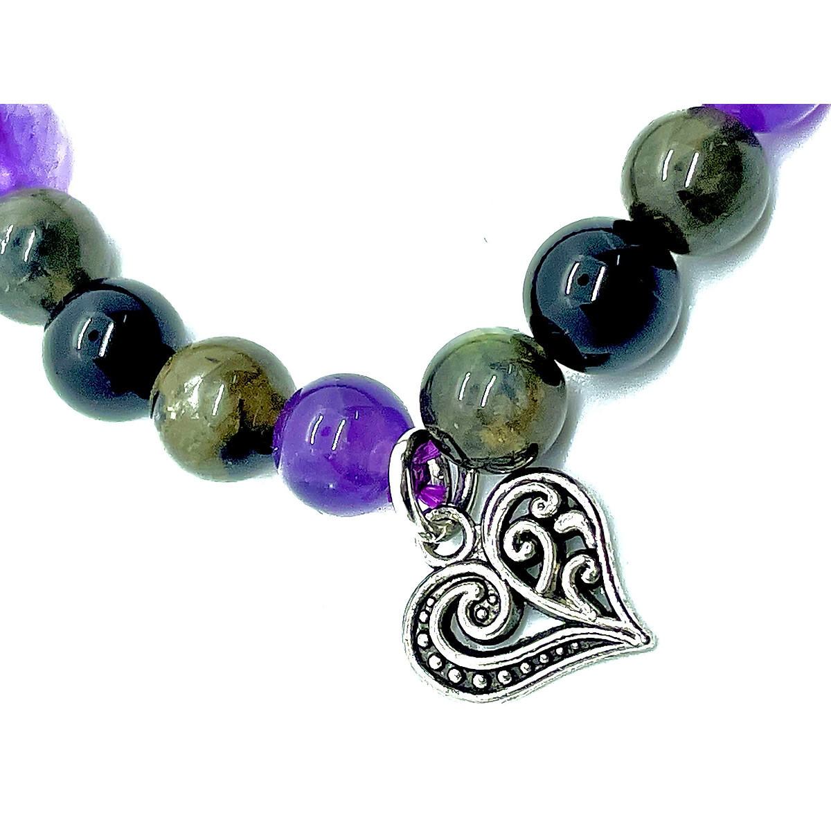 DCE Triple Stone OPTIMUM PROTECTION Gemstonets - Evil Eye for Protection - Labradorite - Amethyst - Black Tourmaline Beaded Healing Crystal Elastict with Heart Charm By DAZZLING CRYSTA